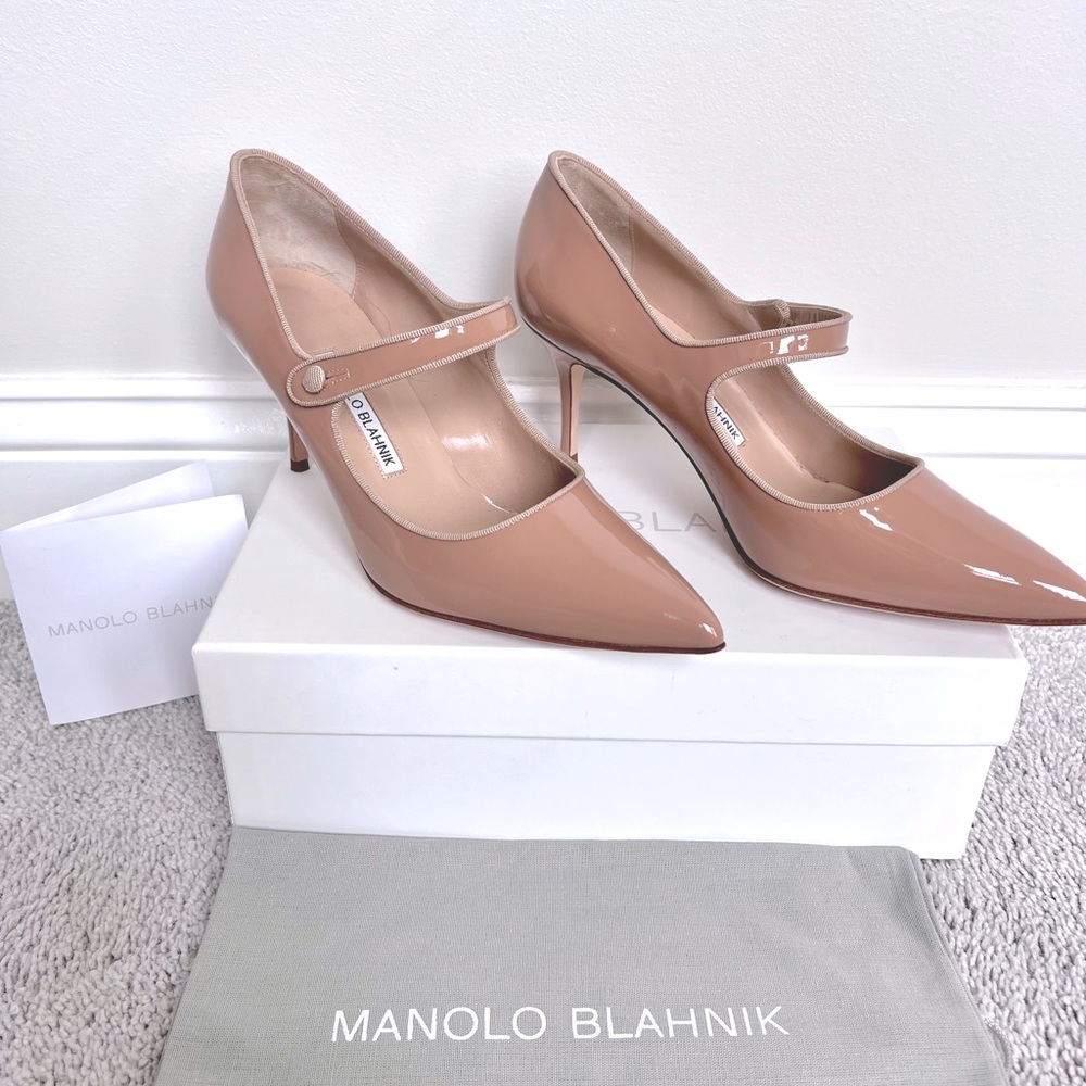 Manolo Blahnik Patent Leather Mary Jane Pumps Campari… - Gem